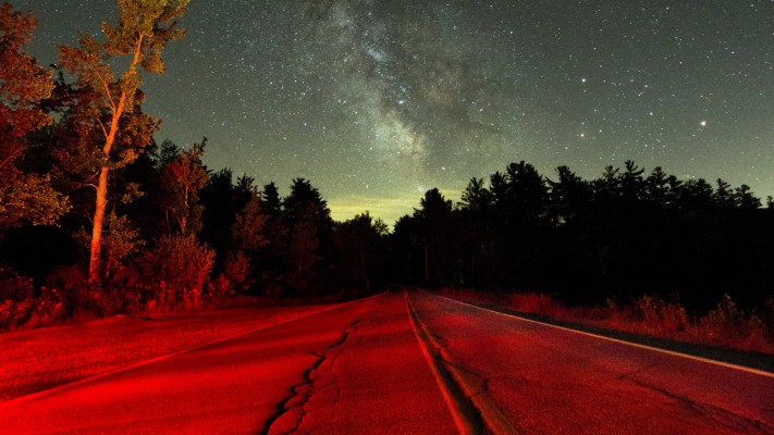 Wallpaper Of Starry Sky, Night, Road, Light, Trees - Red Road Starry ...