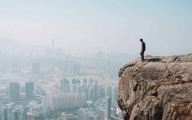 Wallpaper Cliff, Man, City, Aerial View, Height, Loneliness - Guy On A ...