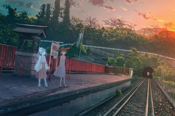 Anime Landscape, Sunset, Train, Clouds, Scenic, Fence - Anime Wallpaper ...