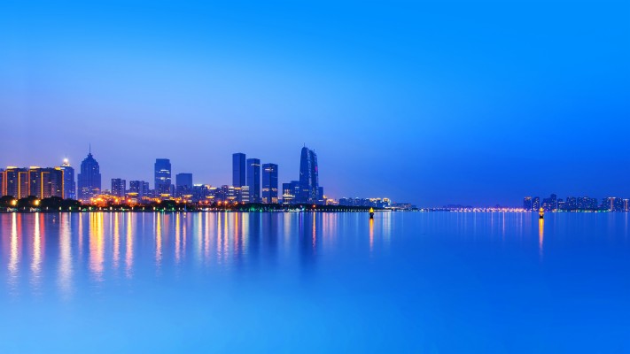 Dusk, Cityscape, Skycrapers, Lights, Reflection, Water, - Cityscapes ...